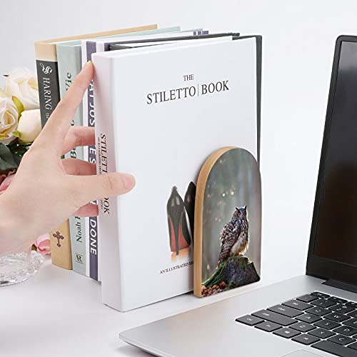 Nudquio Eurasian Eagle Owl Wooden Shelves Bookends Desktop Book Stand Book Ends Books Holder for Library School Home Office Study Bedroom Decoration(Logs), One Size