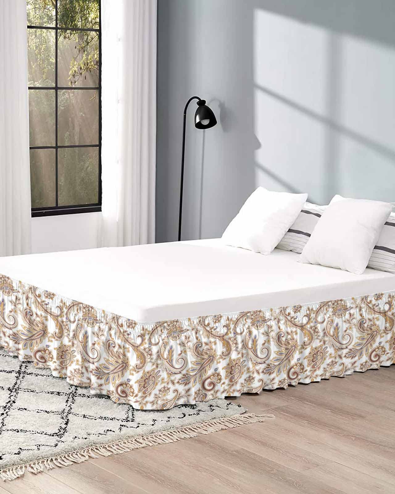 Boho Paisley Bed Skirt King Size 16 Inch Drop, Adjustable & Elastic Wrap Around Bed Skirts Pleated Luxury Dust Ruffles for Twin Full Queen Cal King Base Bed, Da-mask Floral Print Bohemian Style