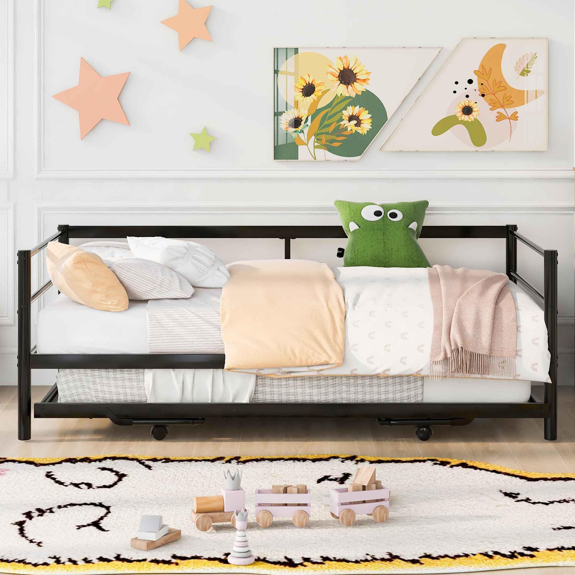ATY Twin Size Daybed with Adjustable Pop Up Trundle, Sturdy Metal Bedframe w/Safety Guardrail, Perfect for Dorm,Guest Room, Bedroom, Easy Assemble, Black