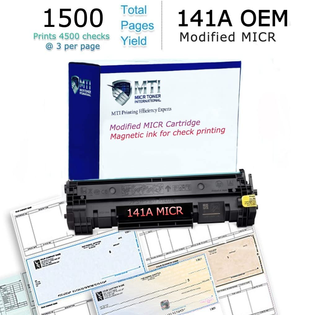 MTI M140we Laser MFP All-in-One Wireless Black & White Check Printer Bundle with 141A Starter MICR Toner, W1410A Modified Magnetic Ink Cartridge, 100 Sheets Blank Green Check Paper