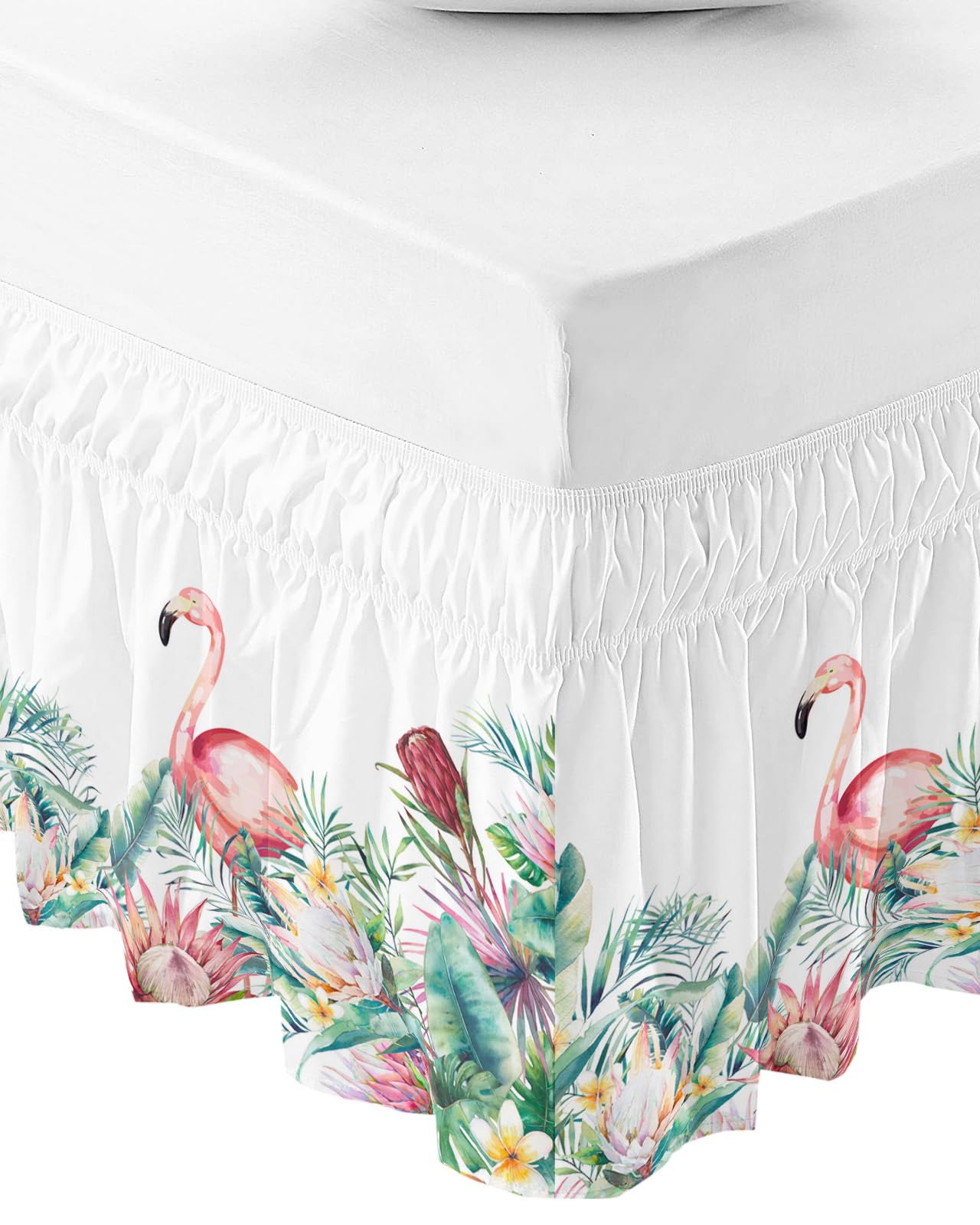 Palm Tree Leaf Flamingos Bed Skirt Queen Size 16 Inch Drop,Adjustable Elastic Wrap Around Bed Skirts Pleated Luxury Dust Ruffles For Twin Full Queen Cal King Bed,Animal Bird Summer Fall Tropical Plant