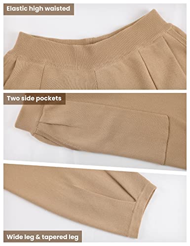 Lentta Women's 2 Piece Sweater Sets Outfits Knit Pullover Tops High Waisted Pants with Pockets(Khaki-L)