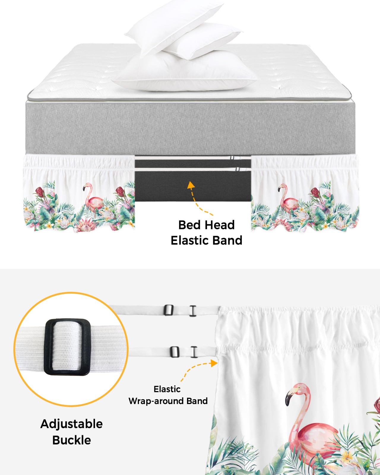 Palm Tree Leaf Flamingos Bed Skirt Queen Size 16 Inch Drop,Adjustable Elastic Wrap Around Bed Skirts Pleated Luxury Dust Ruffles For Twin Full Queen Cal King Bed,Animal Bird Summer Fall Tropical Plant