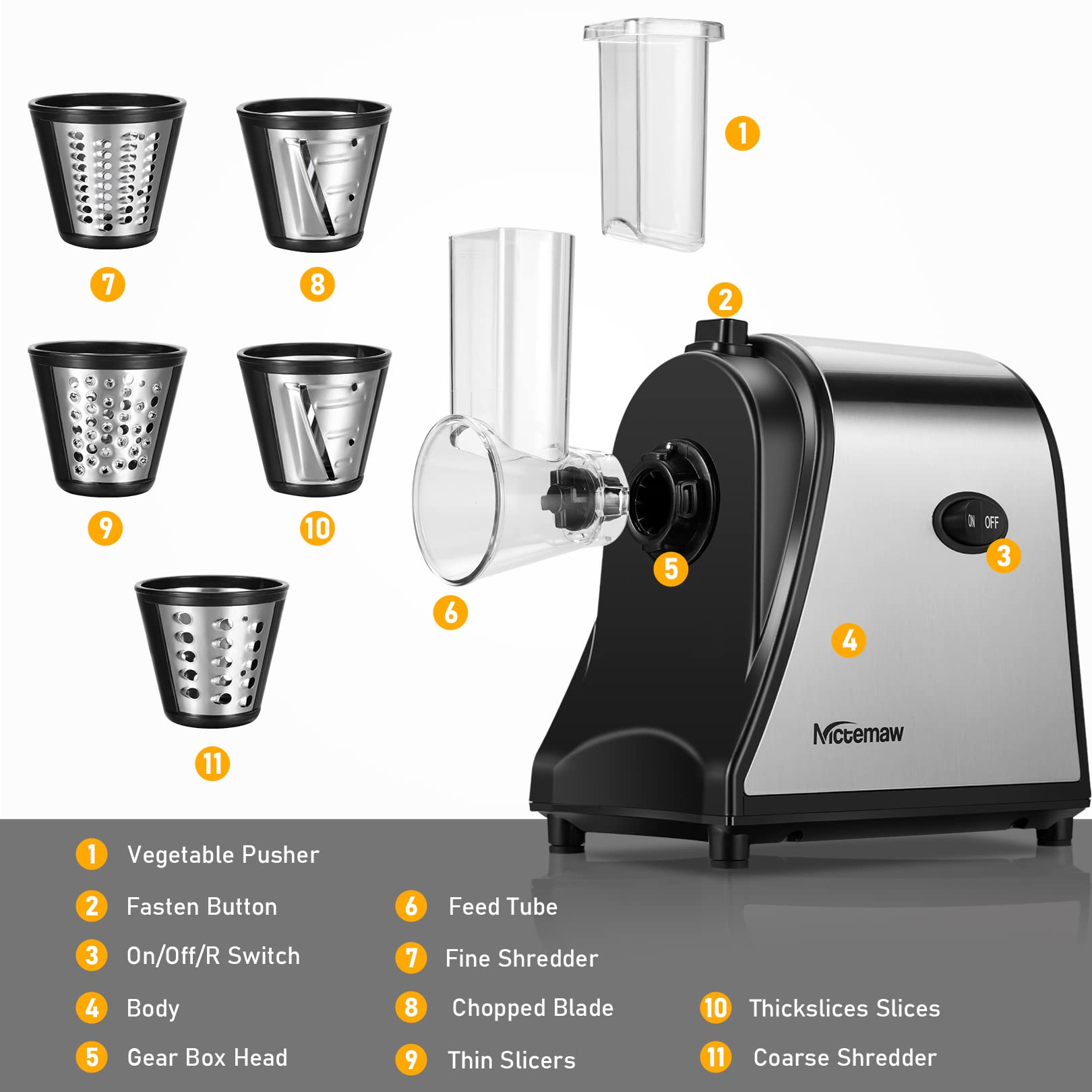 Homdox Electric Cheese Grater, Salad Maker, 250W with 5 Stainless Steel Attachments