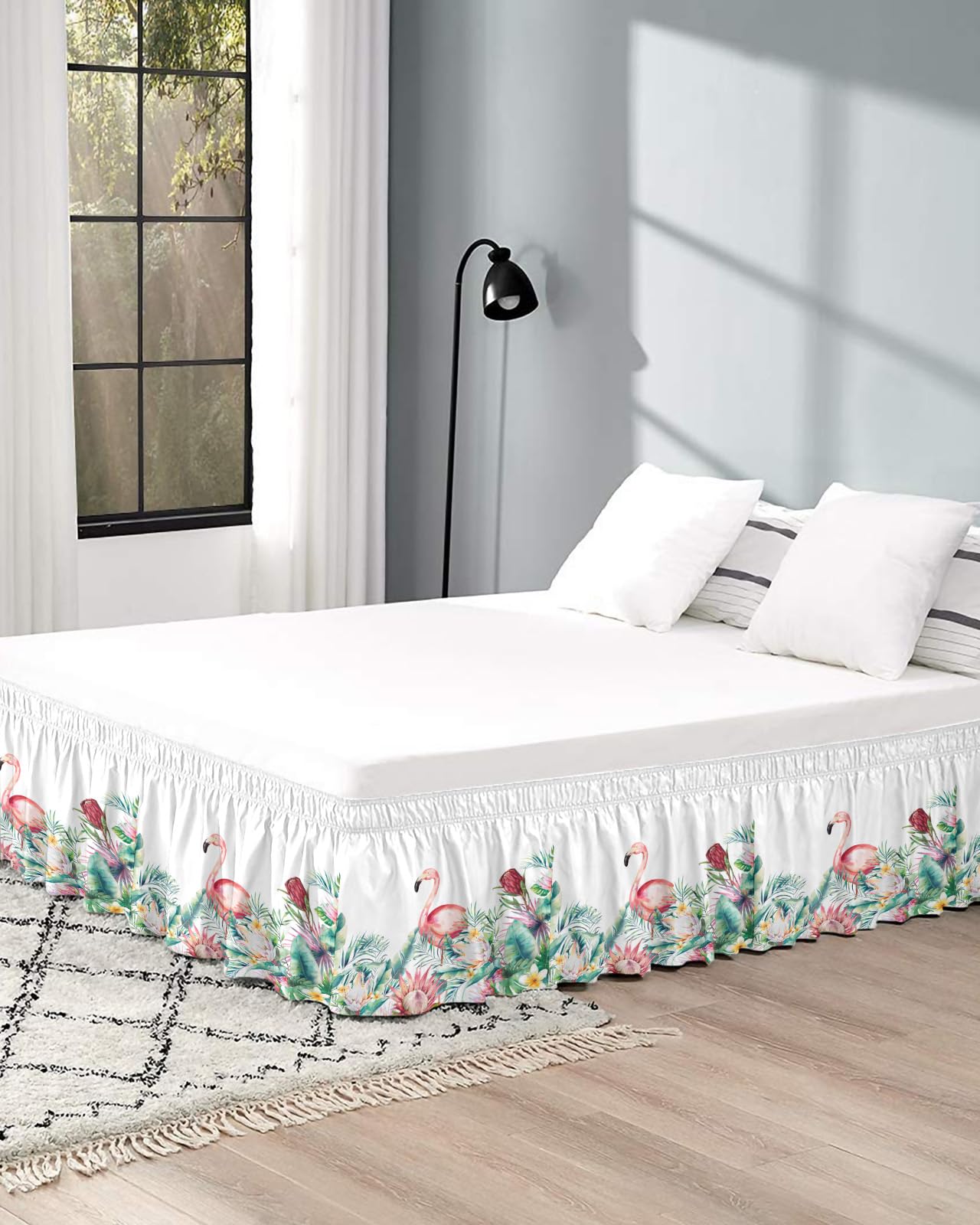 Palm Tree Leaf Flamingos Bed Skirt Queen Size 16 Inch Drop,Adjustable Elastic Wrap Around Bed Skirts Pleated Luxury Dust Ruffles For Twin Full Queen Cal King Bed,Animal Bird Summer Fall Tropical Plant