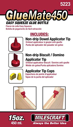 Milescraft 5223 Glue Mate 450-15oz. (450ml) Precision Wood Glue Bottle - Anti-Drip - Dowel and Biscuit Tips Included - Easy Flow Multi-Chamber Design - Ideal for Woodworking