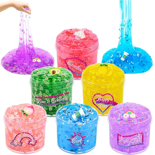 Clear Slime Kit 6 Pack, Premade Crunchy Slime Set DIY Birthday Slime Party Favors for Girls Boys 10-12, Non Sticky Jelly Cube Slime Cute Charms, Peach Cake Avocado Pineapple Crystal Clear Slime Kit