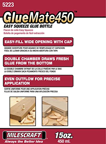 Milescraft 5223 Glue Mate 450-15oz. (450ml) Precision Wood Glue Bottle - Anti-Drip - Dowel and Biscuit Tips Included - Easy Flow Multi-Chamber Design - Ideal for Woodworking