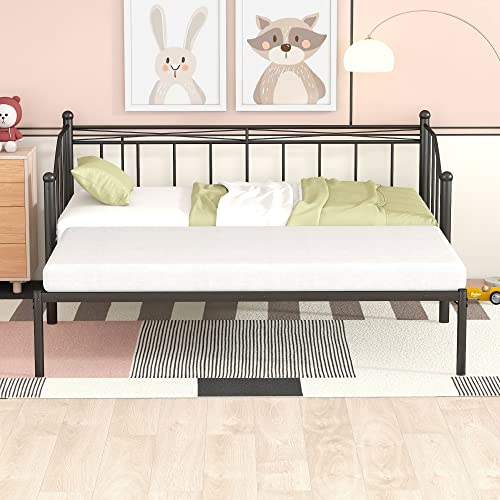 LostCat Twin Size Daybed Bed with Pop Up Trundle,Metal Bedframe with Safety Guardrails & Heavy Duty Steel Slat Support,for Kids Teens Adults.No Box Spring Needed,Black
