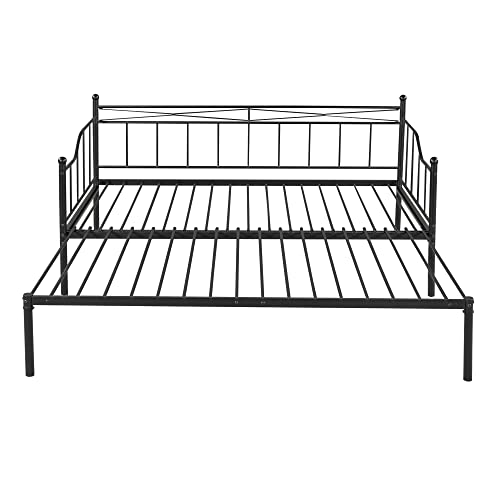 LostCat Twin Size Daybed Bed with Pop Up Trundle,Metal Bedframe with Safety Guardrails & Heavy Duty Steel Slat Support,for Kids Teens Adults.No Box Spring Needed,Black