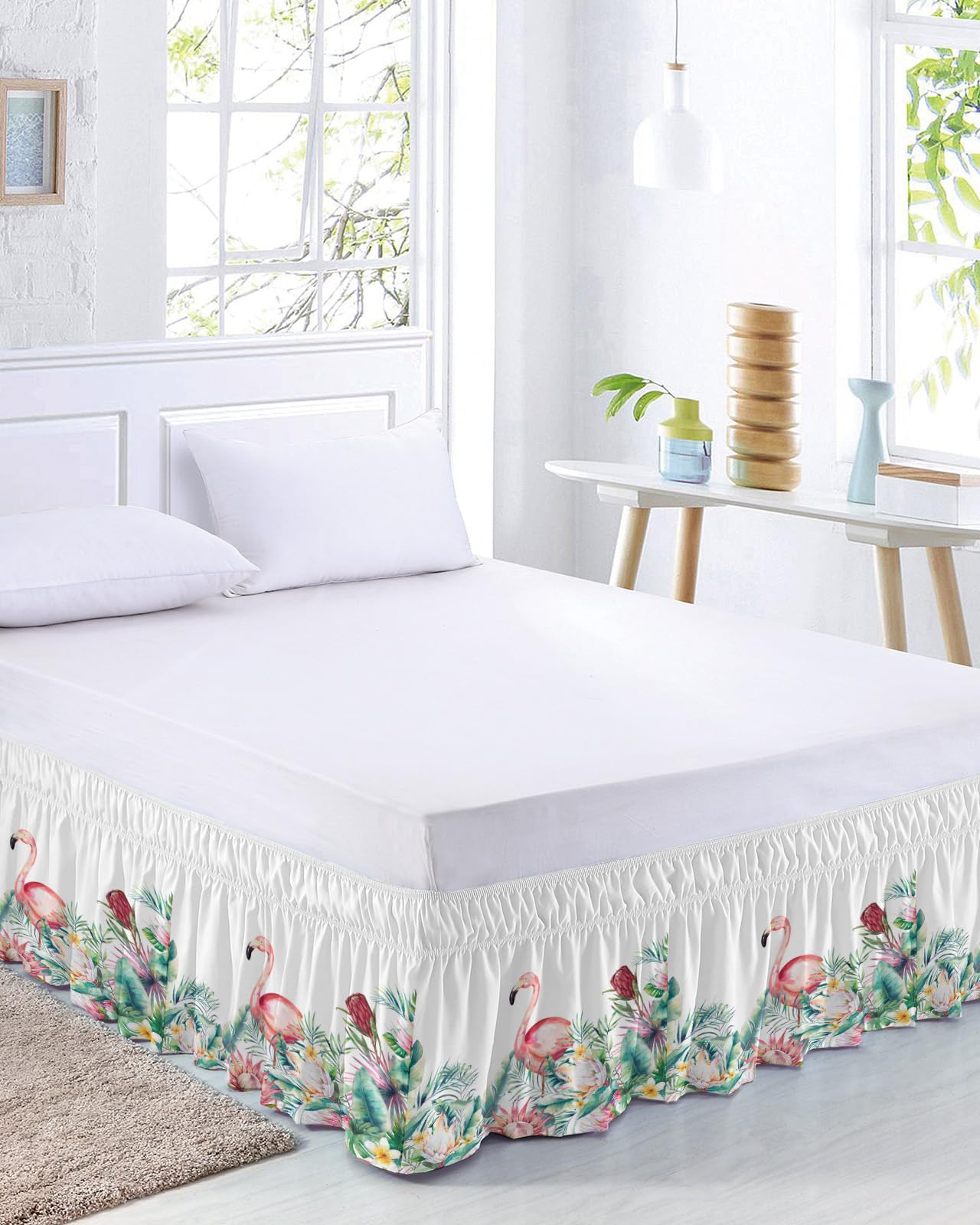 Palm Tree Leaf Flamingos Bed Skirt Queen Size 16 Inch Drop,Adjustable Elastic Wrap Around Bed Skirts Pleated Luxury Dust Ruffles For Twin Full Queen Cal King Bed,Animal Bird Summer Fall Tropical Plant