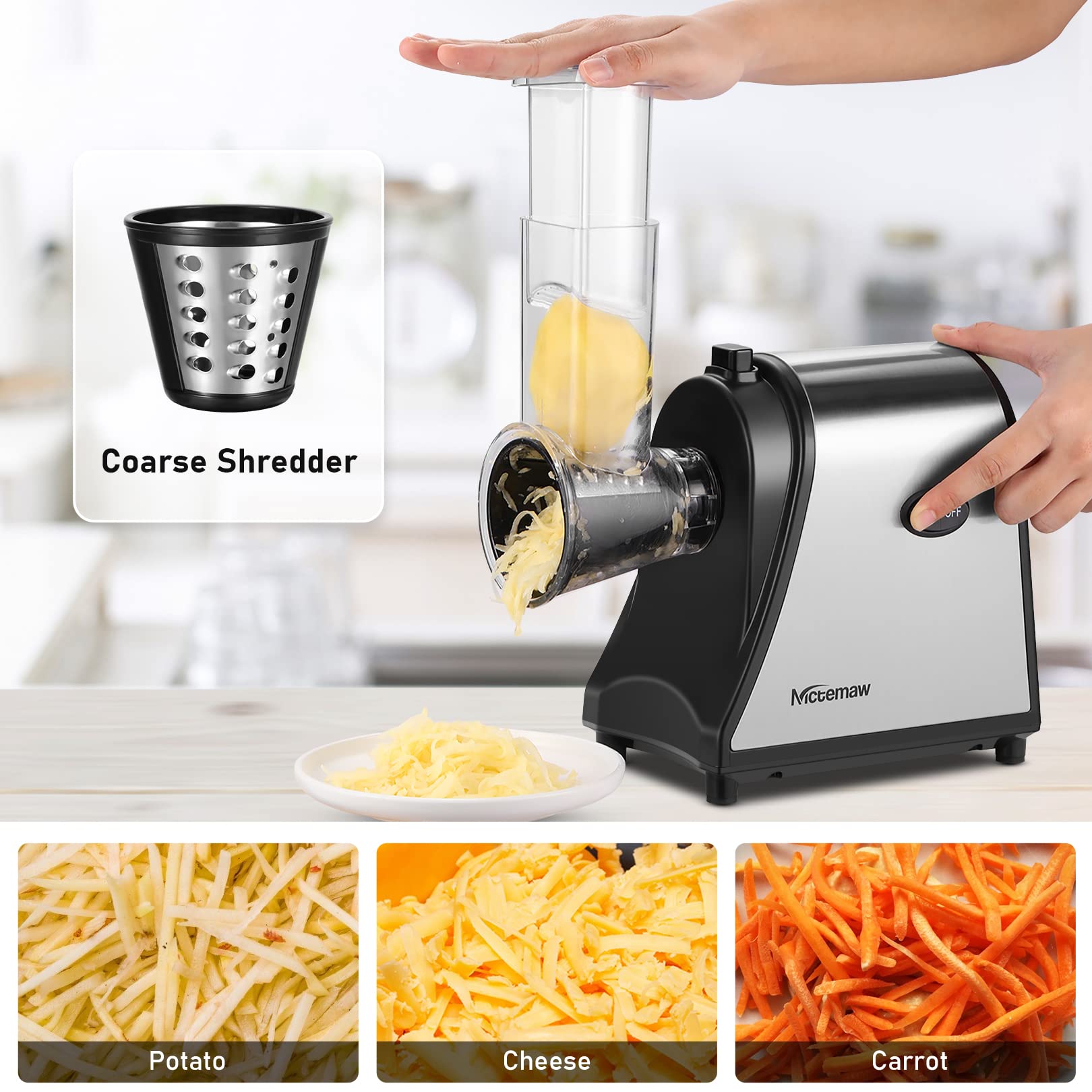 Homdox Electric Cheese Grater, Salad Maker, 250W with 5 Stainless Steel Attachments