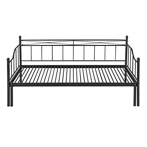 LostCat Twin Size Daybed Bed with Pop Up Trundle,Metal Bedframe with Safety Guardrails & Heavy Duty Steel Slat Support,for Kids Teens Adults.No Box Spring Needed,Black