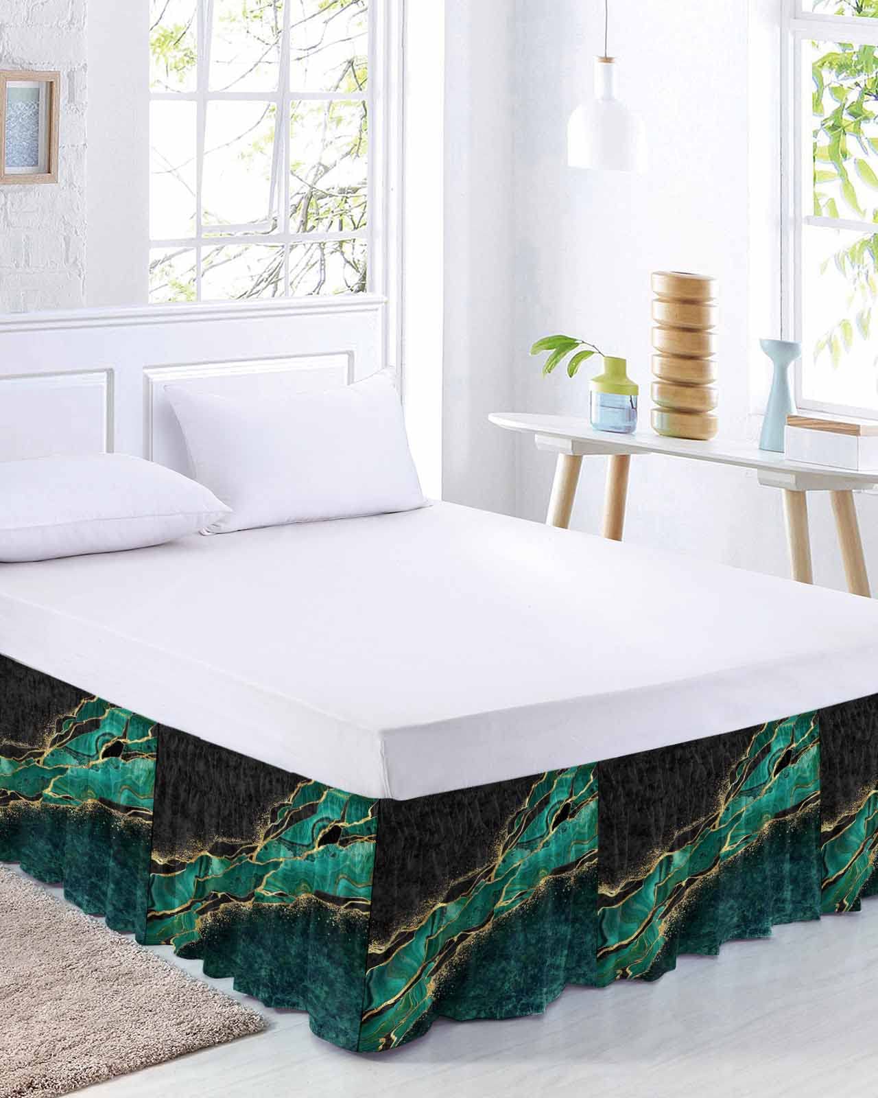 Abstract Black Marble Bed Skirt Queen Size 18 Inch Drop, Adjustable & Elastic Wrap Around Bed Skirts Pleated Luxury Dust Ruffles for Twin Full Queen Cal King Base Bed, Modern Minimalist Emerald Green