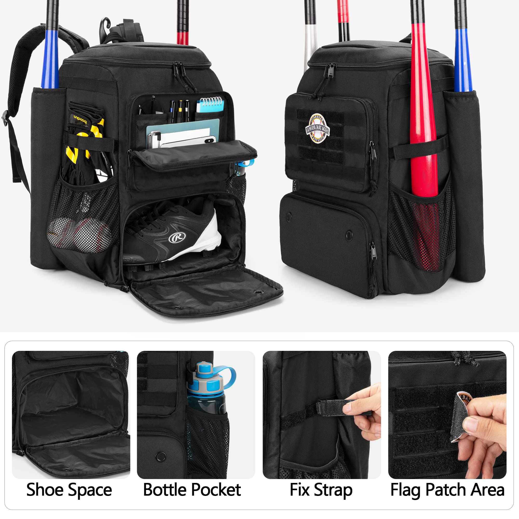 DSLEAF Baseball Backpack with 2 Bat Sleeves, Softball Bag with Vented Shoe Space and Multi Pockets for Adults (Patent Design)