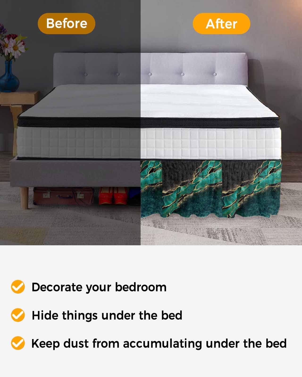 Abstract Black Marble Bed Skirt Queen Size 18 Inch Drop, Adjustable & Elastic Wrap Around Bed Skirts Pleated Luxury Dust Ruffles for Twin Full Queen Cal King Base Bed, Modern Minimalist Emerald Green