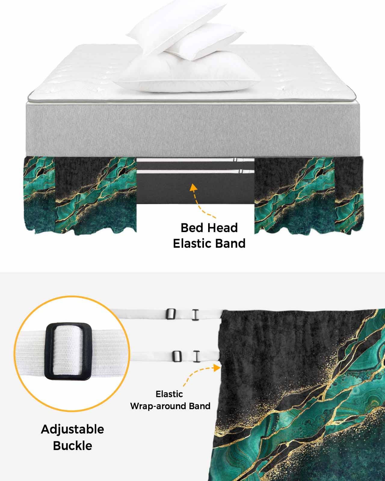 Abstract Black Marble Bed Skirt Queen Size 18 Inch Drop, Adjustable & Elastic Wrap Around Bed Skirts Pleated Luxury Dust Ruffles for Twin Full Queen Cal King Base Bed, Modern Minimalist Emerald Green