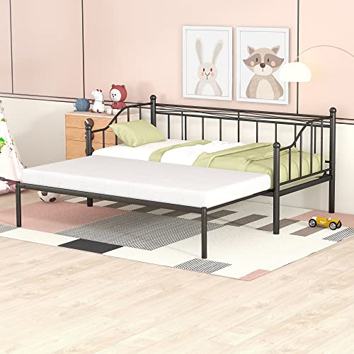 LostCat Twin Size Daybed Bed with Pop Up Trundle,Metal Bedframe with Safety Guardrails & Heavy Duty Steel Slat Support,for Kids Teens Adults.No Box Spring Needed,Black