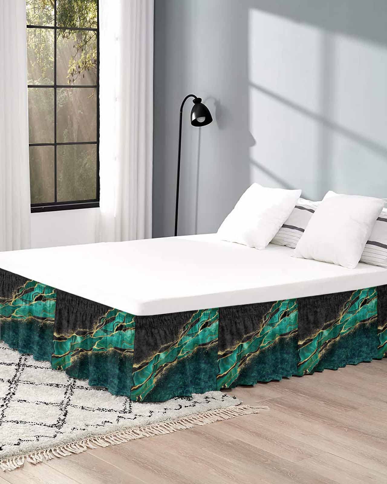 Abstract Black Marble Bed Skirt Queen Size 18 Inch Drop, Adjustable & Elastic Wrap Around Bed Skirts Pleated Luxury Dust Ruffles for Twin Full Queen Cal King Base Bed, Modern Minimalist Emerald Green
