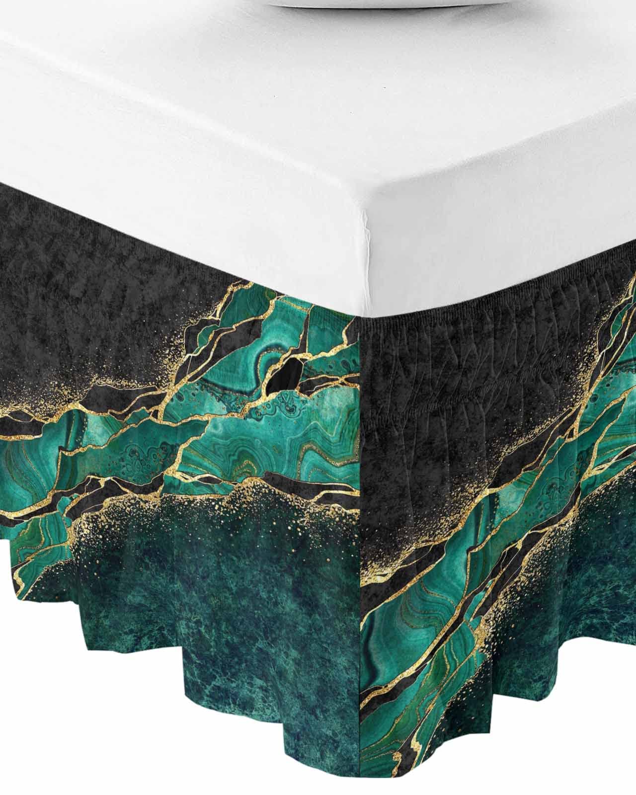 Abstract Black Marble Bed Skirt Queen Size 18 Inch Drop, Adjustable & Elastic Wrap Around Bed Skirts Pleated Luxury Dust Ruffles for Twin Full Queen Cal King Base Bed, Modern Minimalist Emerald Green