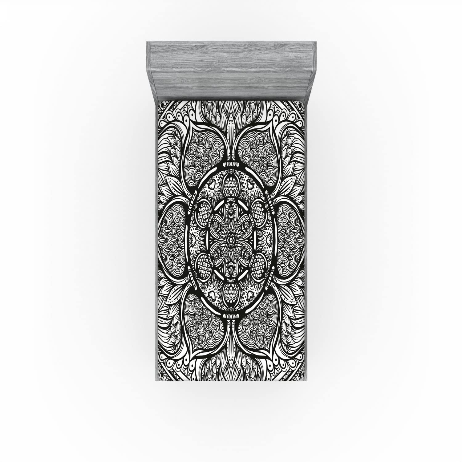 Ambesonne Ethnic Fitted Sheet, Mandala Inspired Art Hand Drawn Paisley Pattern Boho Native, Bed Cover with All-Round Elastic Deep Pocket for Comfort, Twin XL Size, Black and White
