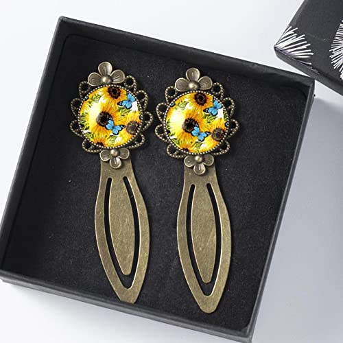 Sunflower and Butterfly Vintage Bookmark Gift Box Set for Students Teachers School Library Page Holder with Crystal Glass