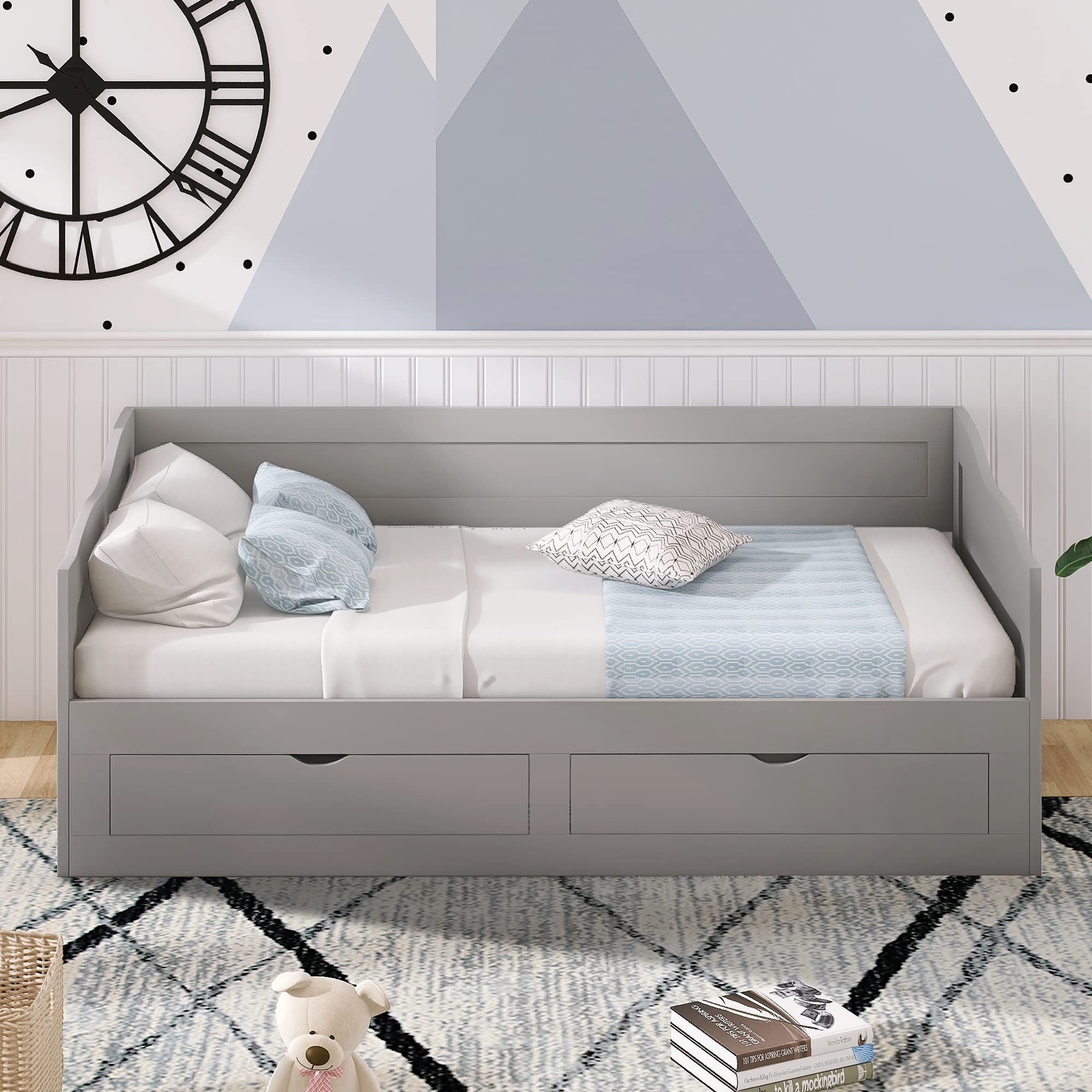Polibi Extendable Daybed, Wooden Daybed with Trundle and Two Drawers, Convertible Sofa Bed with 2 Storage Drawers, Can be Expanded from Twin Size to King Size (Grey)