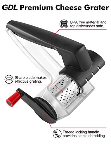 Rotary Cheese Grater, Handheld Cheese Grater for Kitchen, Dishwasher Safe Parmesan Cheese Grater with Stainless Steel Blade for Cheese, Nuts, Chocolate and More, Black