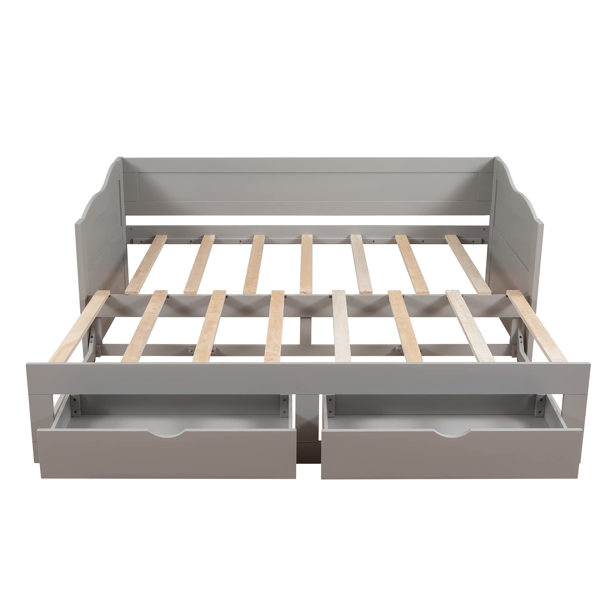 Polibi Extendable Daybed, Wooden Daybed with Trundle and Two Drawers, Convertible Sofa Bed with 2 Storage Drawers, Can be Expanded from Twin Size to King Size (Grey)