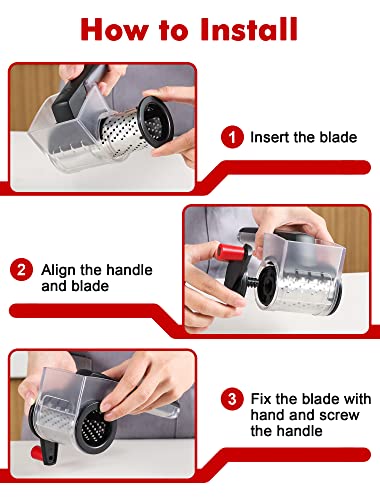 Rotary Cheese Grater, Handheld Cheese Grater for Kitchen, Dishwasher Safe Parmesan Cheese Grater with Stainless Steel Blade for Cheese, Nuts, Chocolate and More, Black