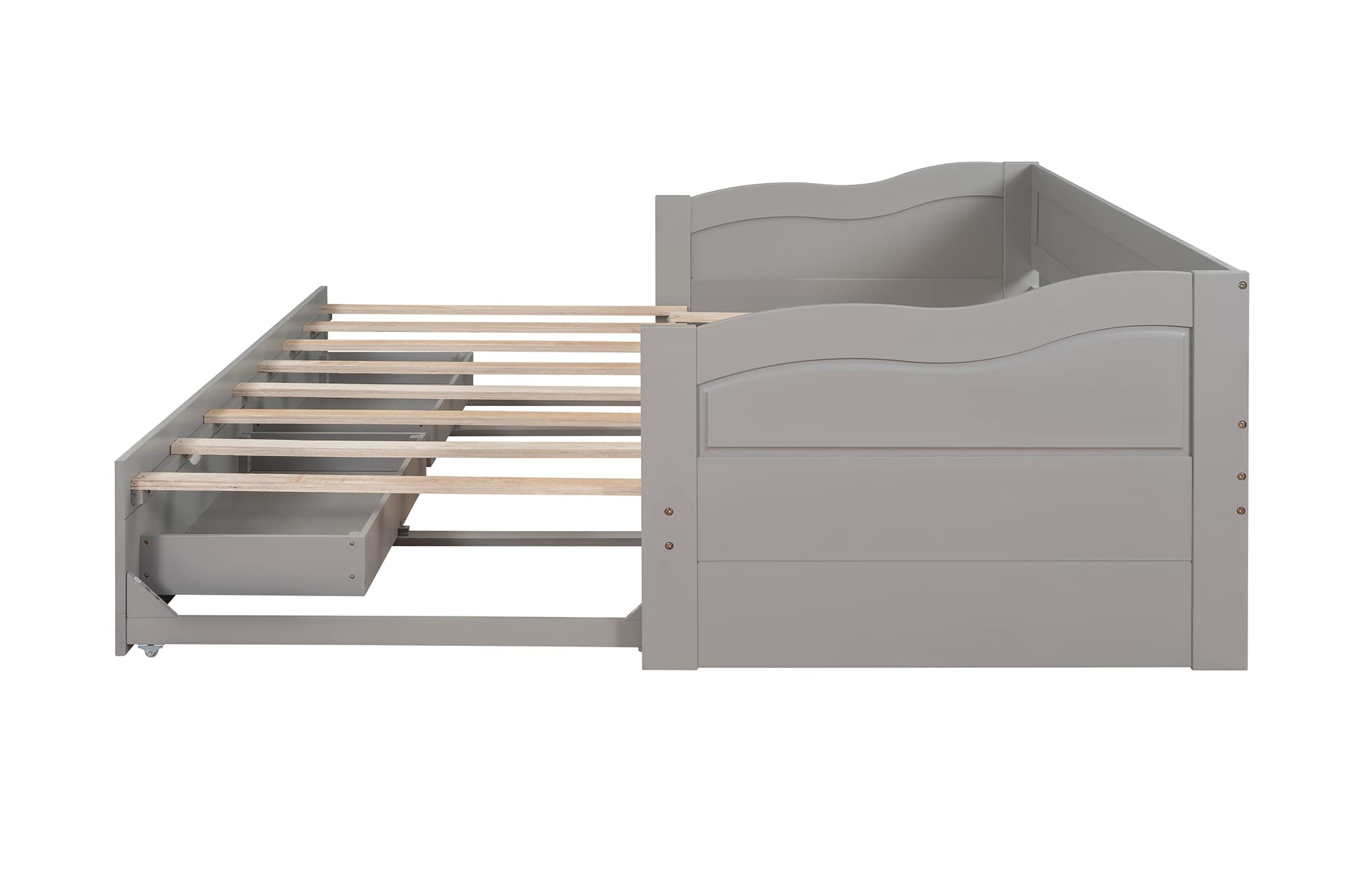 Polibi Extendable Daybed, Wooden Daybed with Trundle and Two Drawers, Convertible Sofa Bed with 2 Storage Drawers, Can be Expanded from Twin Size to King Size (Grey)