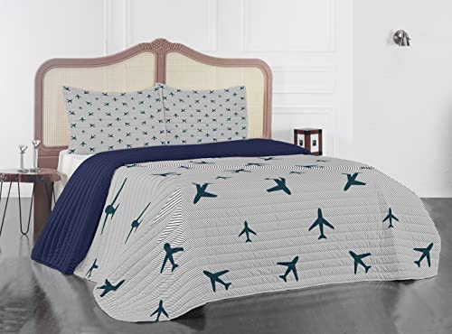 Ambesonne Airplane Microfiber Bedspread Set, Diagonal Stripes Travel Silhouettes Vacation Aviation, Soft Bedding Set with Pillow Shams & Comforter, King Size, Petrol Blue Black White