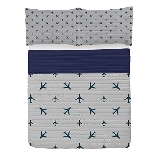 Ambesonne Airplane Microfiber Bedspread Set, Diagonal Stripes Travel Silhouettes Vacation Aviation, Soft Bedding Set with Pillow Shams & Comforter, King Size, Petrol Blue Black White