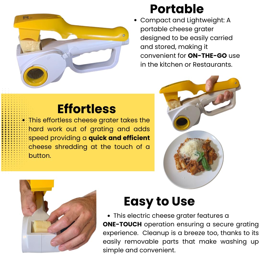 Electric Cheese Grater - Portable, Effortless, Battery Operated, Rechargeable, Cordless | Handheld With Handle, Commercial Parmesan, Vegetable And Chocolate Slicer and Shredder Machine | Nuts Grinder
