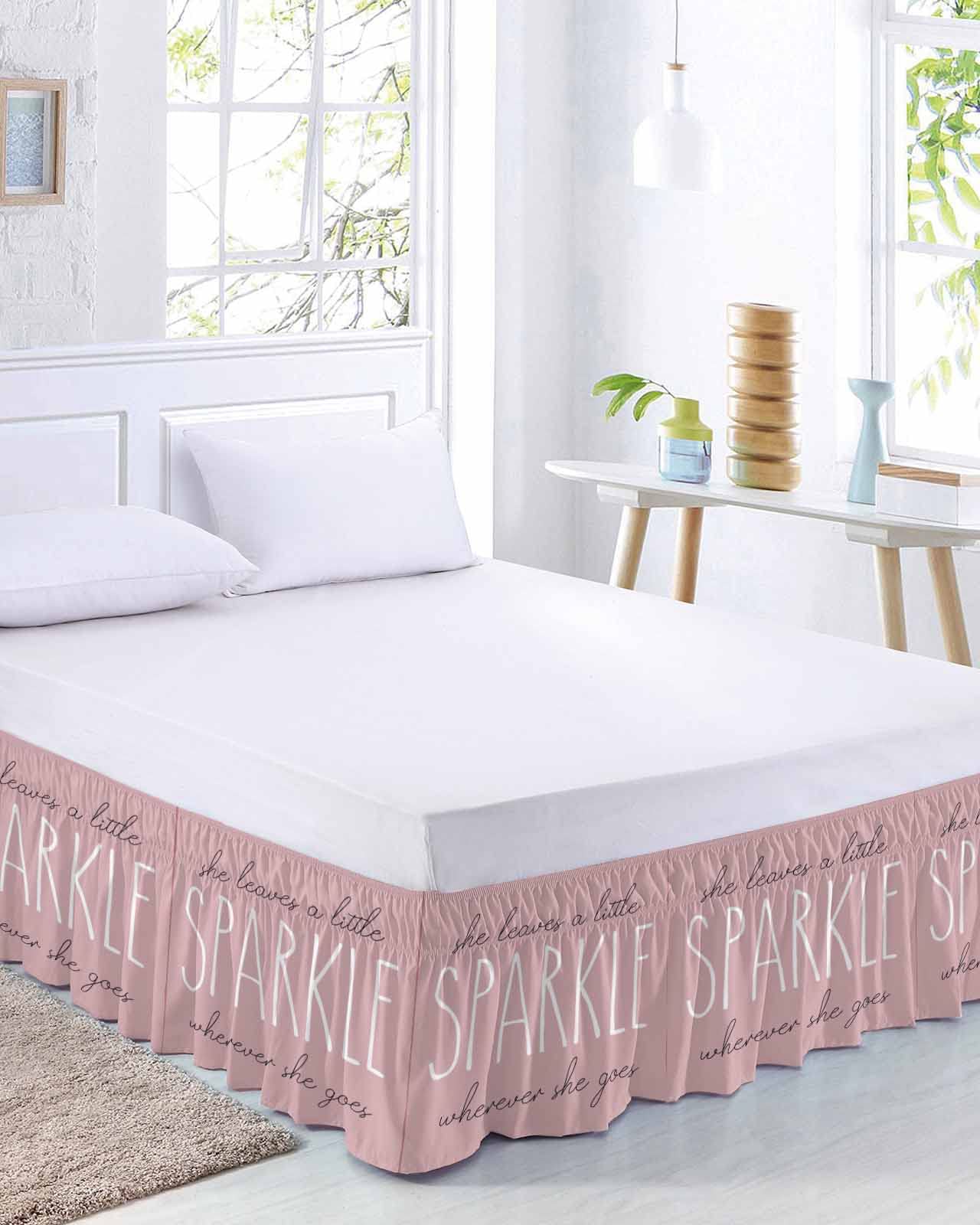 Blush Pink Positive Bed Skirt Queen Size 16 Inch Drop, Adjustable & Elastic Wrap Around Bed Skirts Pleated Luxury Dust Ruffles for Twin Full Queen Cal King Base Bed, Black White Energy Word