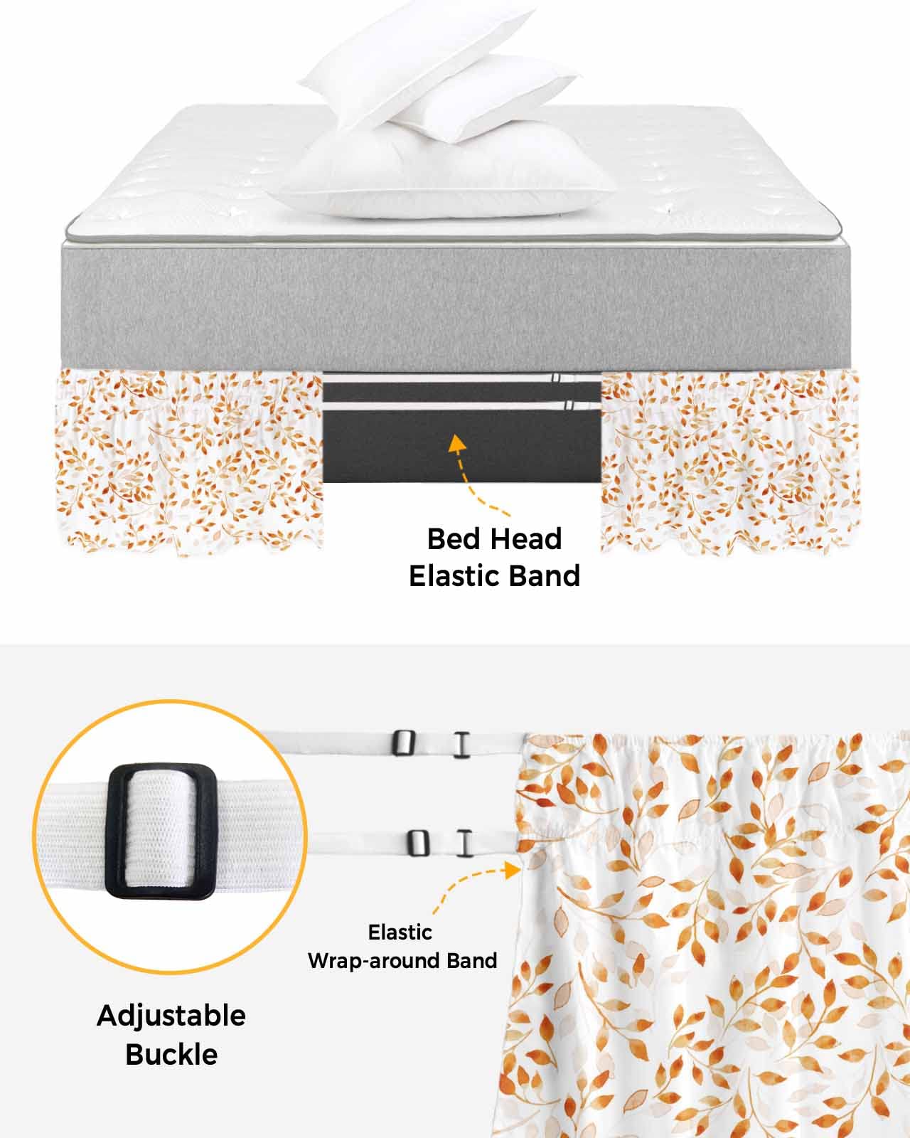 Rustic Orange Plant Bed Skirt King Size 16 Inch Drop,Adjustable & Elastic Wrap Around Bed Skirts Pleated Dust Ruffles for Twin Full Queen Cal King Bed,Abstract Modern Botanical Plant Fall Winter