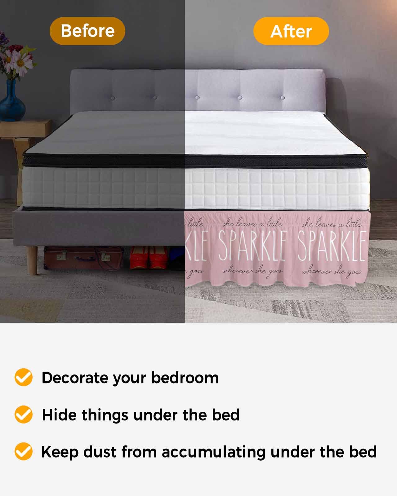 Blush Pink Positive Bed Skirt Queen Size 16 Inch Drop, Adjustable & Elastic Wrap Around Bed Skirts Pleated Luxury Dust Ruffles for Twin Full Queen Cal King Base Bed, Black White Energy Word