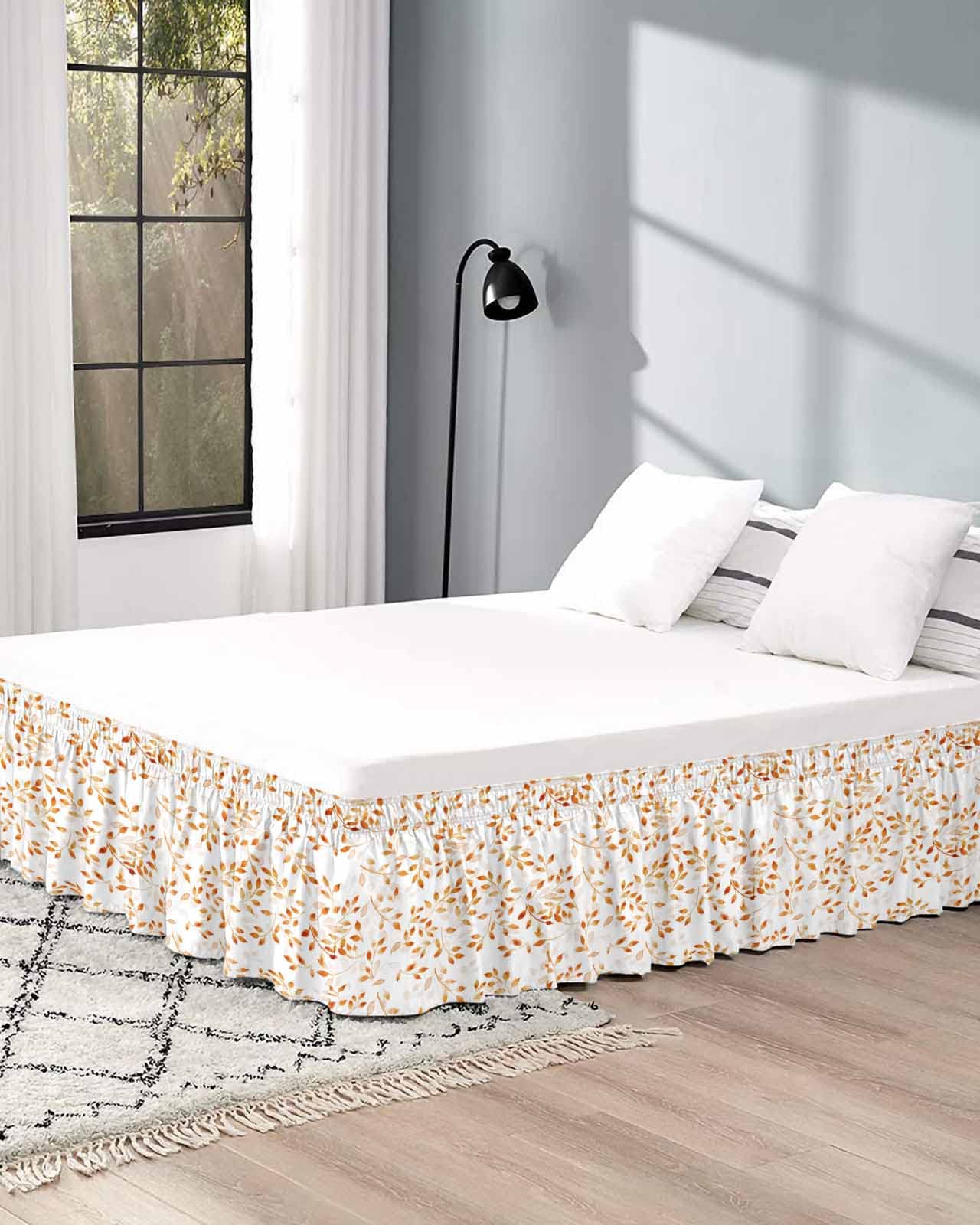 Rustic Orange Plant Bed Skirt King Size 16 Inch Drop,Adjustable & Elastic Wrap Around Bed Skirts Pleated Dust Ruffles for Twin Full Queen Cal King Bed,Abstract Modern Botanical Plant Fall Winter