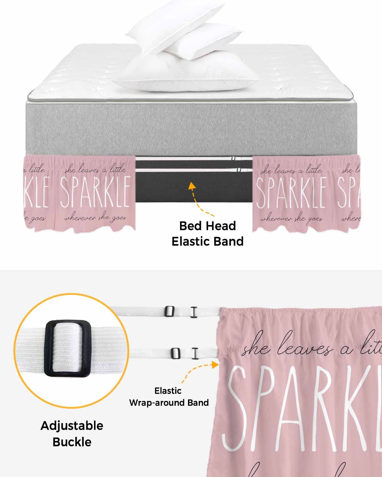 Blush Pink Positive Bed Skirt Queen Size 16 Inch Drop, Adjustable & Elastic Wrap Around Bed Skirts Pleated Luxury Dust Ruffles for Twin Full Queen Cal King Base Bed, Black White Energy Word