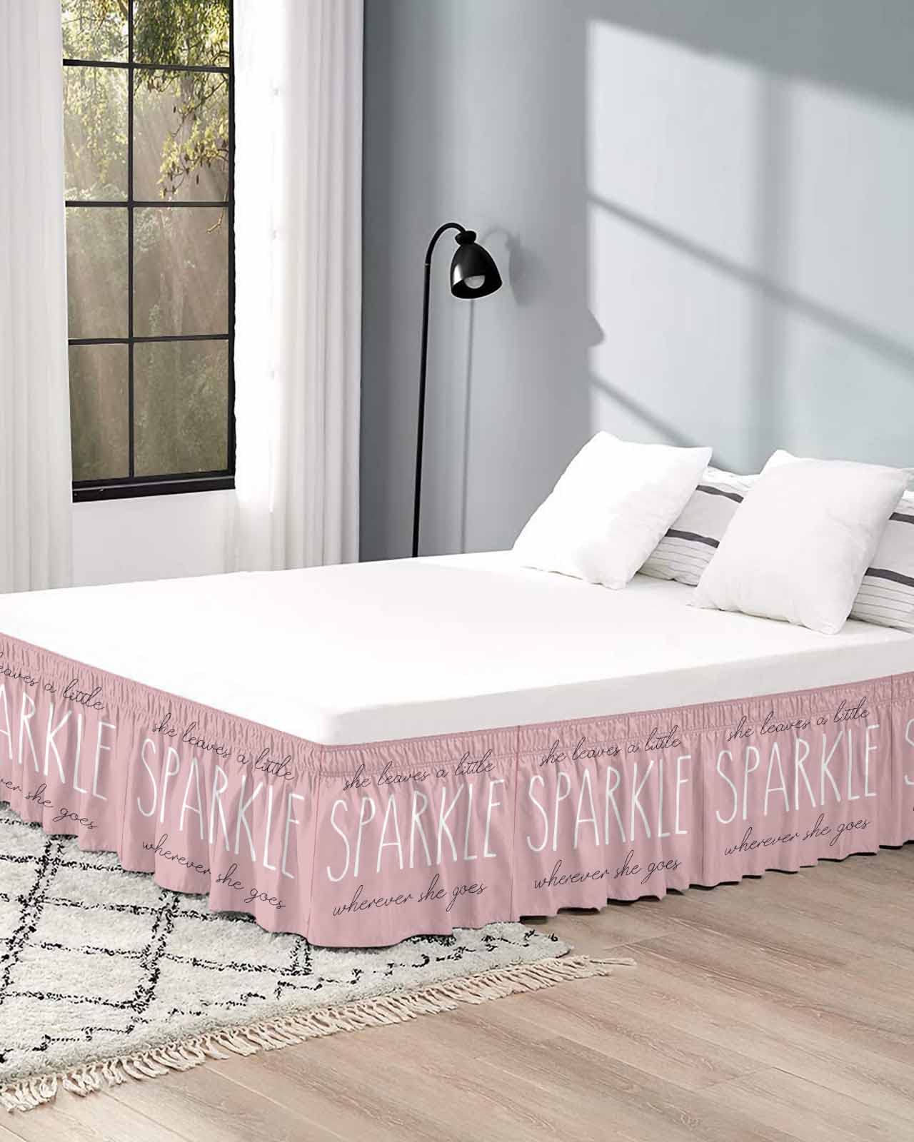 Blush Pink Positive Bed Skirt Queen Size 16 Inch Drop, Adjustable & Elastic Wrap Around Bed Skirts Pleated Luxury Dust Ruffles for Twin Full Queen Cal King Base Bed, Black White Energy Word