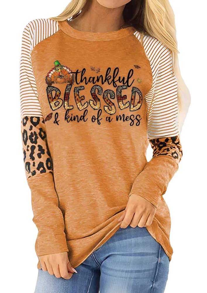 TIXOM Womens Thanksgiving Thankful Blessed and Kind of A Mess Leopard Striped T-Shirt Funny Turkey Graphic Fall Shirt(L TL-Orange)