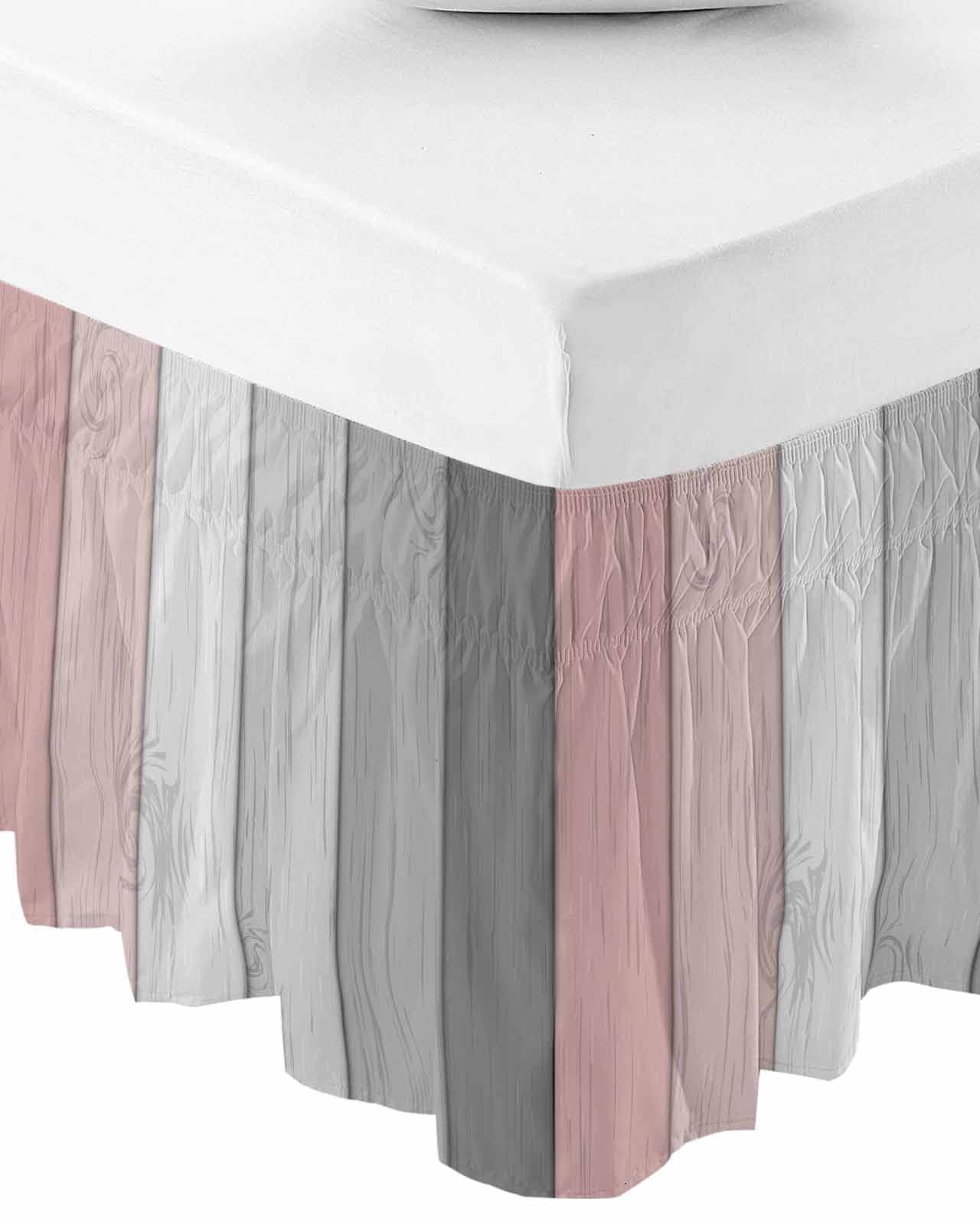 Rustic Farm Wood Grain Bed Skirt King Size 16 Inch Drop, Adjustable & Elastic Wrap Around Bed Skirts Pleated Luxury Dust Ruffles for Twin Full Queen Cal King Base Bed, Pink Grey White Ombre Color