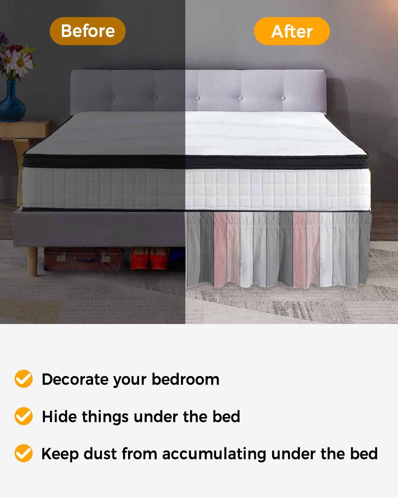 Rustic Farm Wood Grain Bed Skirt King Size 16 Inch Drop, Adjustable & Elastic Wrap Around Bed Skirts Pleated Luxury Dust Ruffles for Twin Full Queen Cal King Base Bed, Pink Grey White Ombre Color