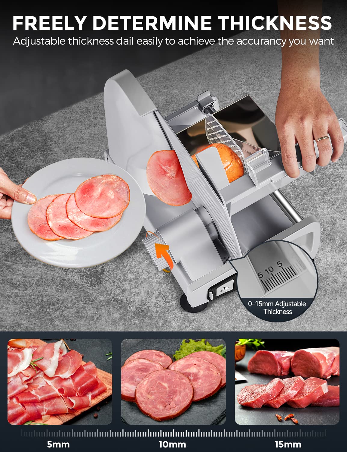 MIDONE Meat Slicer 200W Electric Deli Food Slicer with Two Removable 7.5ββ Stainless Steel Blade, Adjustable Thickness for Home Use, Child Lock Protection, Silver