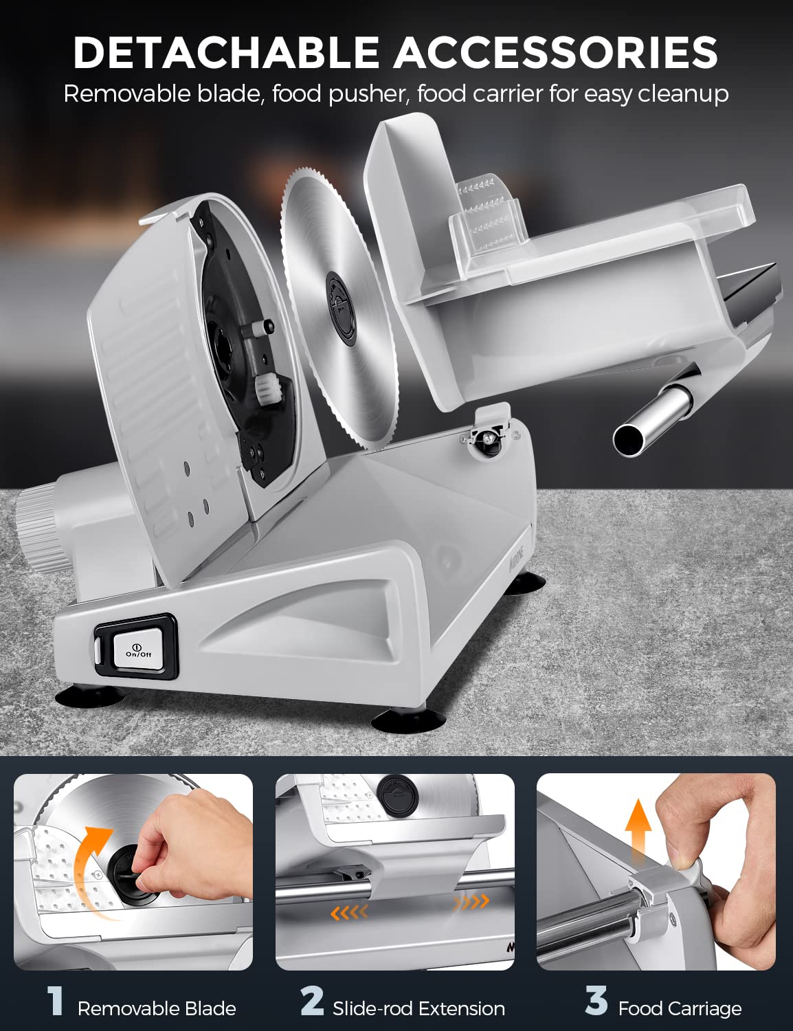 MIDONE Meat Slicer 200W Electric Deli Food Slicer with Two Removable 7.5ββ Stainless Steel Blade, Adjustable Thickness for Home Use, Child Lock Protection, Silver