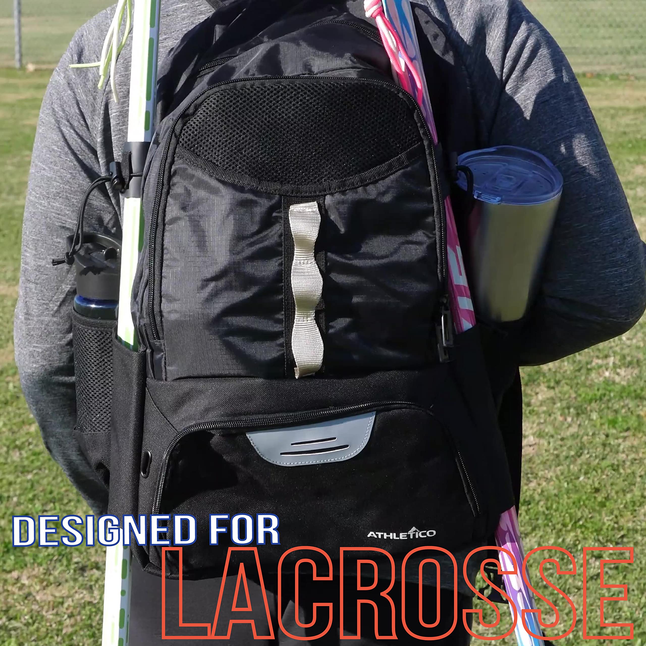 Athletico Turf Lacrosse Bag - Extra Large Lacrosse Backpack - Holds All Lacrosse or Field Hockey Equipment - Two Stick Holders and Separate Cleats Compartment (Blue)