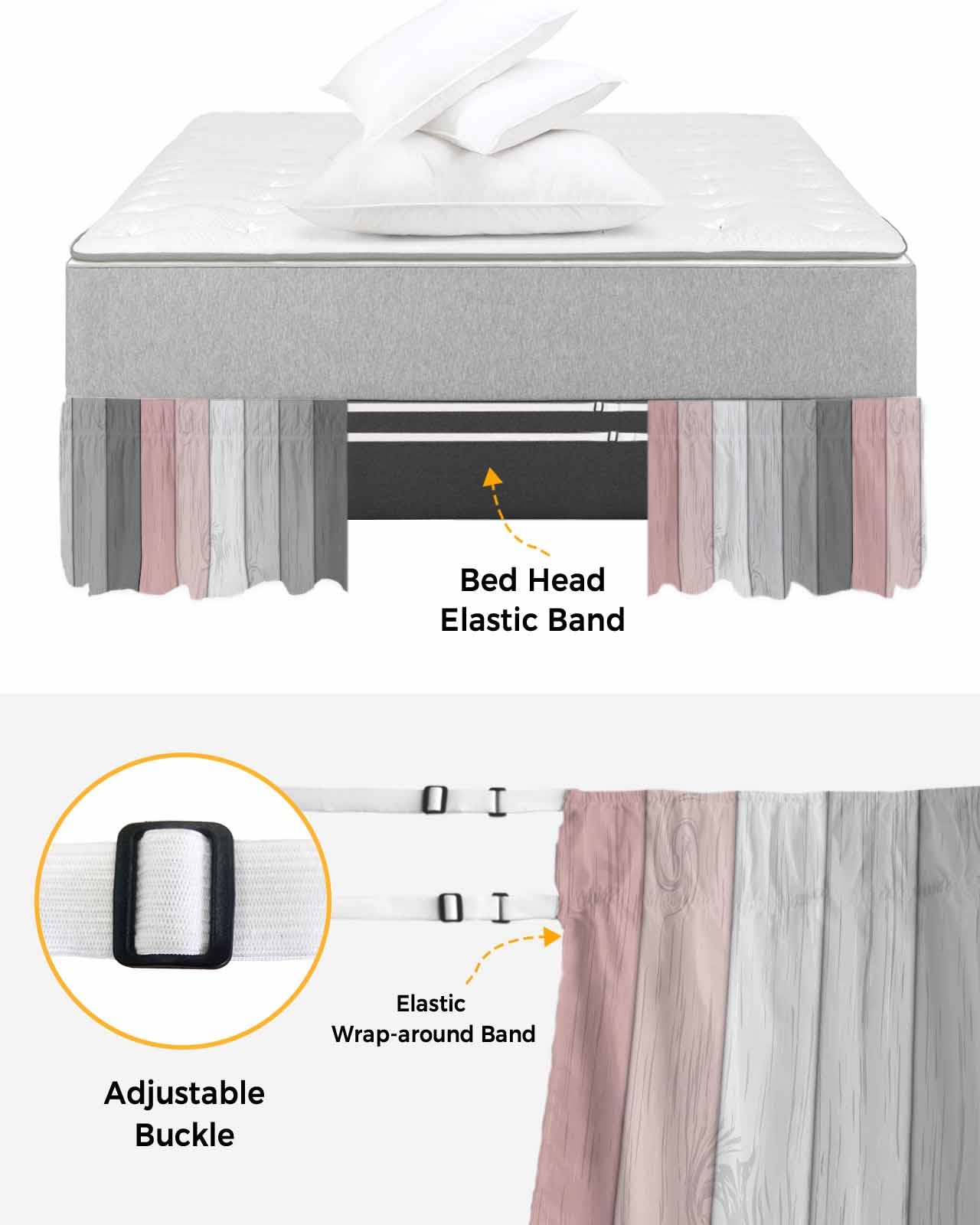 Rustic Farm Wood Grain Bed Skirt King Size 16 Inch Drop, Adjustable & Elastic Wrap Around Bed Skirts Pleated Luxury Dust Ruffles for Twin Full Queen Cal King Base Bed, Pink Grey White Ombre Color