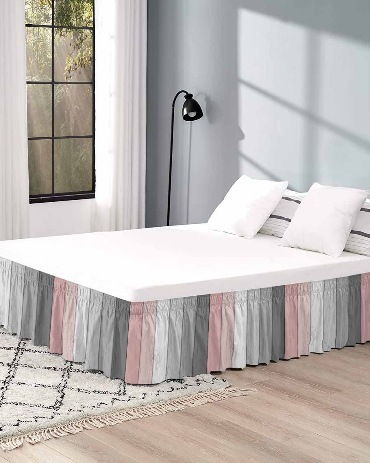 Rustic Farm Wood Grain Bed Skirt King Size 16 Inch Drop, Adjustable & Elastic Wrap Around Bed Skirts Pleated Luxury Dust Ruffles for Twin Full Queen Cal King Base Bed, Pink Grey White Ombre Color