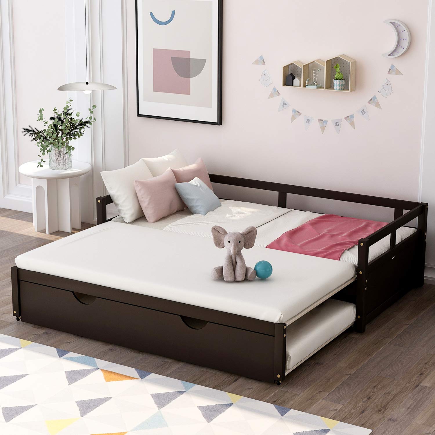 Harper & Bright Designs Extending Daybed with Trundle Twin to King Design Sofa Bed for Living Room or Bedroom Furniture, Espresso