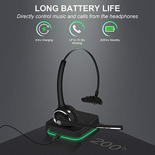 Friencity Trucker Bluetooth Headset, Wireless Headset with Microphone for Office Cell Phone, Noise Canceling On Ear Headphones for PC, VOIP, Call Center, Telephone, Mute Button, 15hrs Talking Time